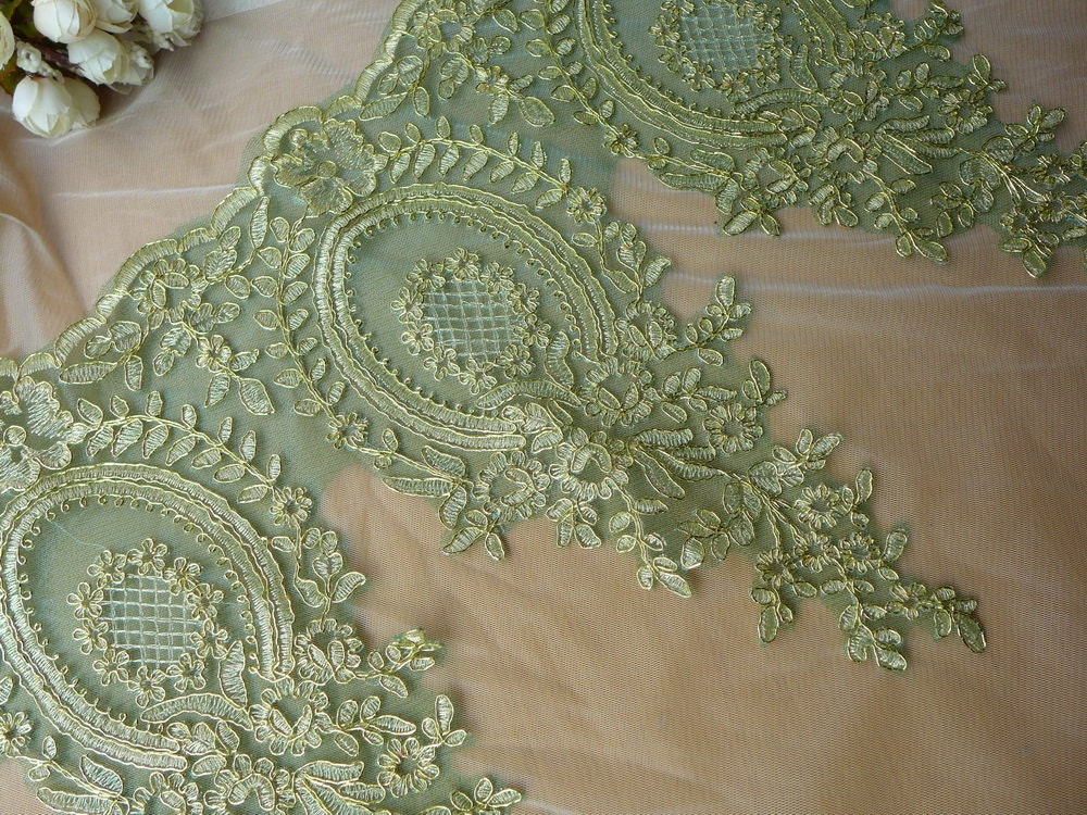Green Mesh Lace Gold Embroidered Lace Trim for Appliqué, Sewing ...