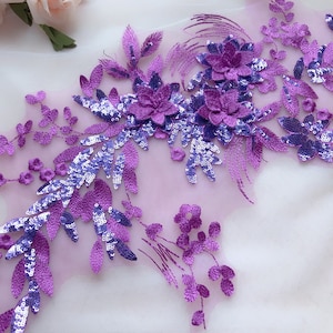 Purple Applique, Sequins Embroidery 3D Flower Lace Applique for ...