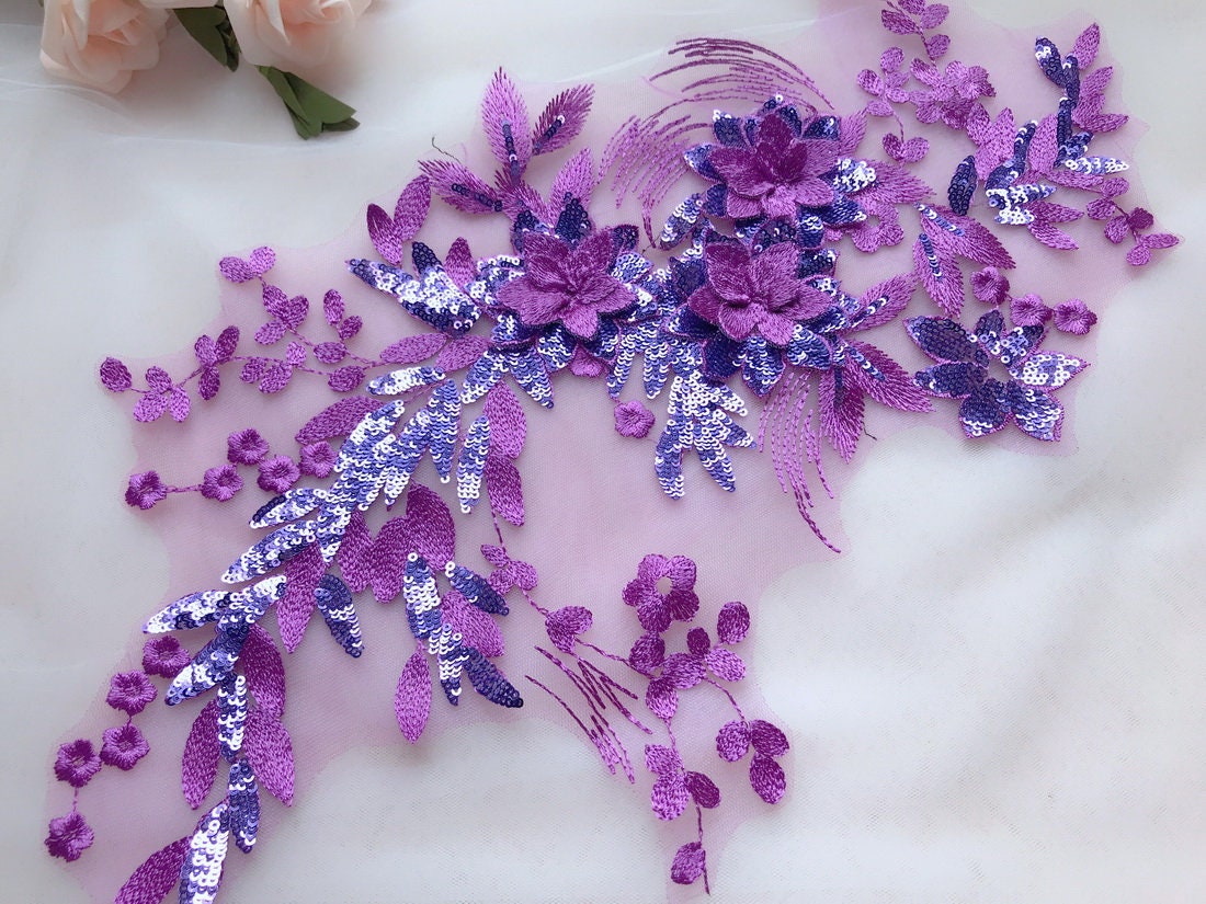 Purple Applique Sequins Embroidery 3D Flower Lace Applique | Etsy