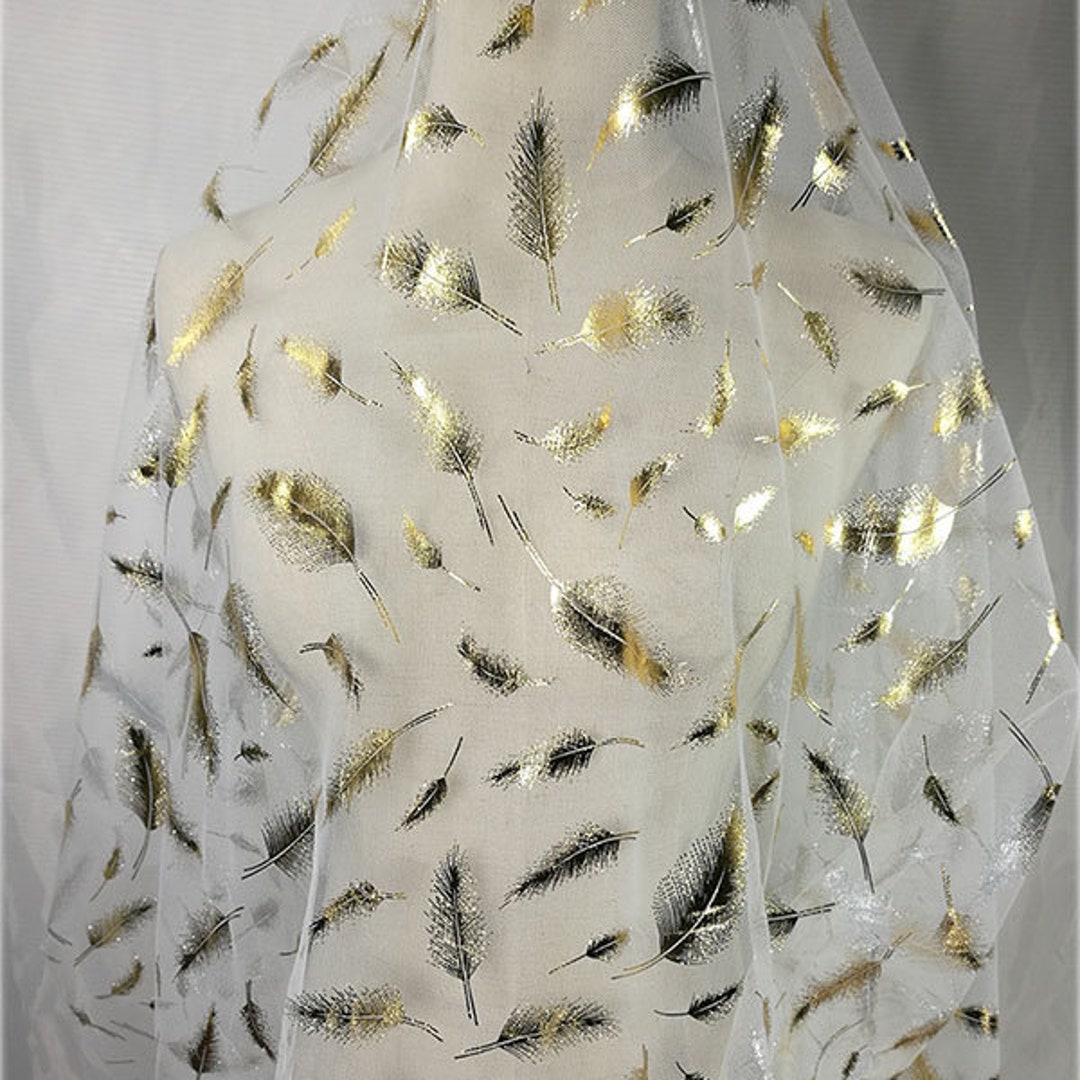 Gold Feather Gilding Lace Fabric, Champagne Gold Print Black Feather ...