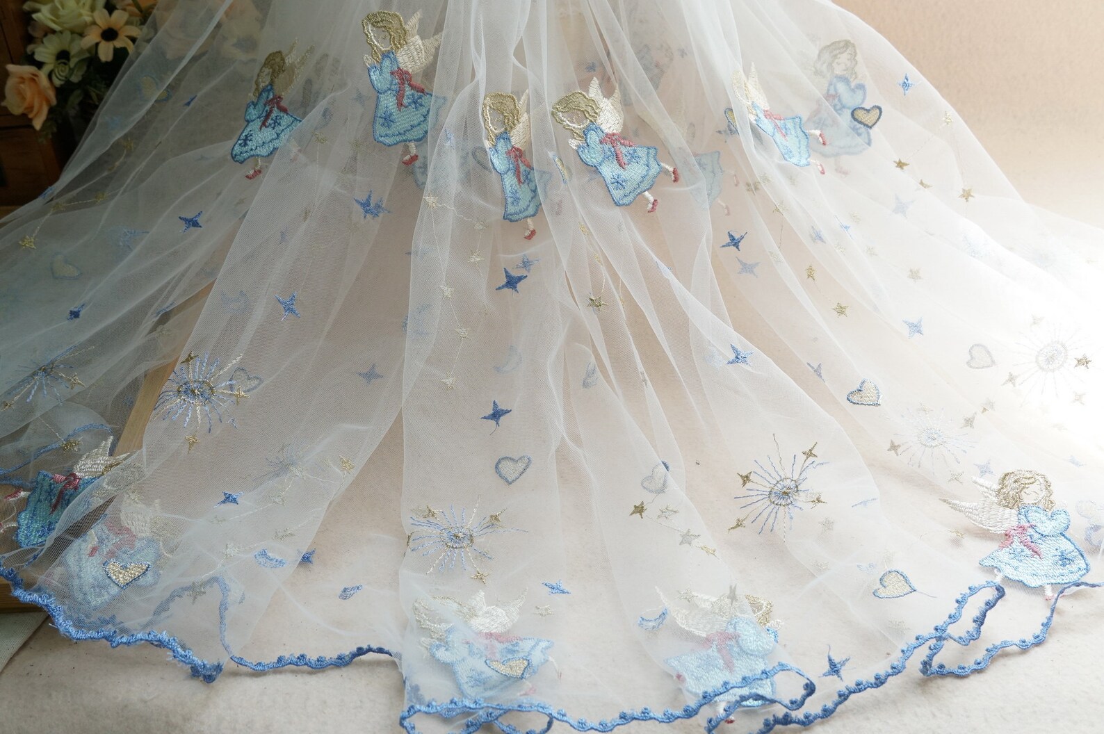 Blue & Gold Embroidery Angel Victorian Fabric Soft off White - Etsy