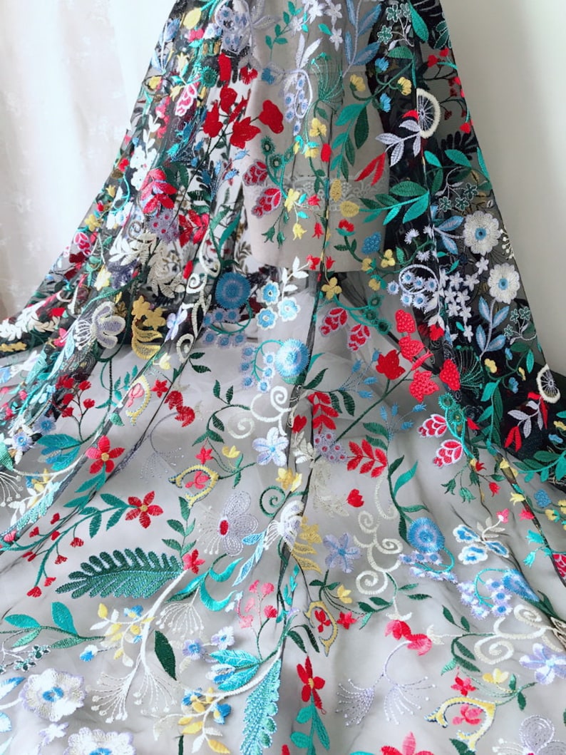 Vintage Multicolor Floral Embroidery Lace Fabric on Black - Etsy India