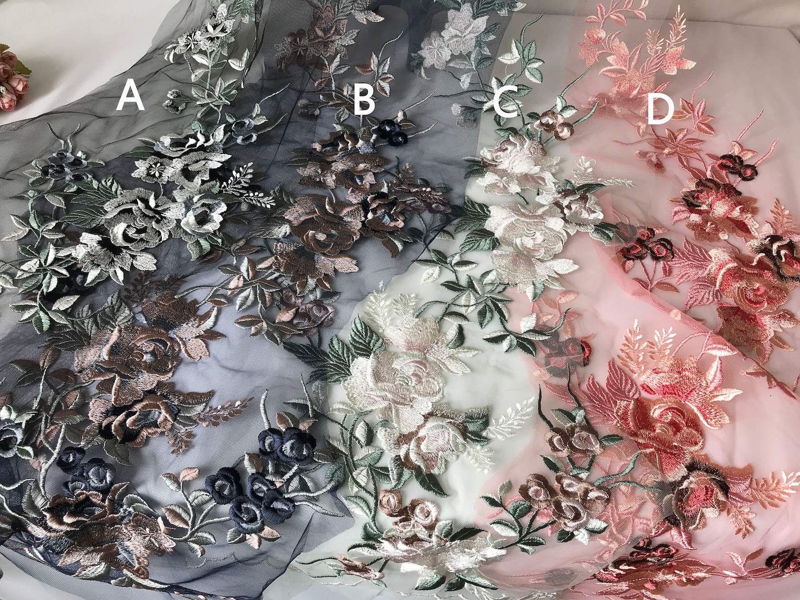 Multicolor Embroidered Rose Design Fabric, Navy Blue Mesh Fabric ...