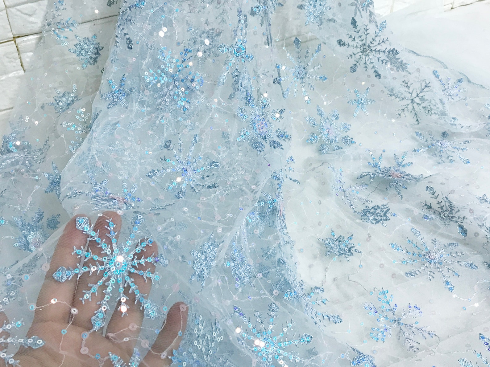 Light Blue Snowflake Fabric Colorful Sequins Embroidery Mesh Fabric for ...