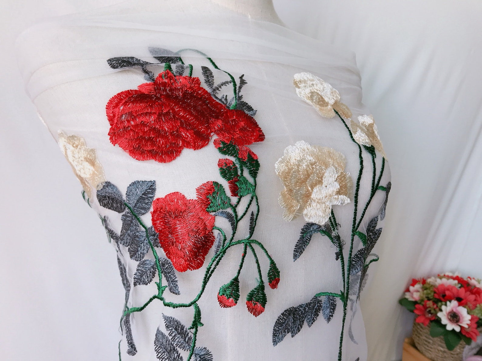 Rose Lace Fabric Multicolor Embroidery Flowers Fabric for | Etsy