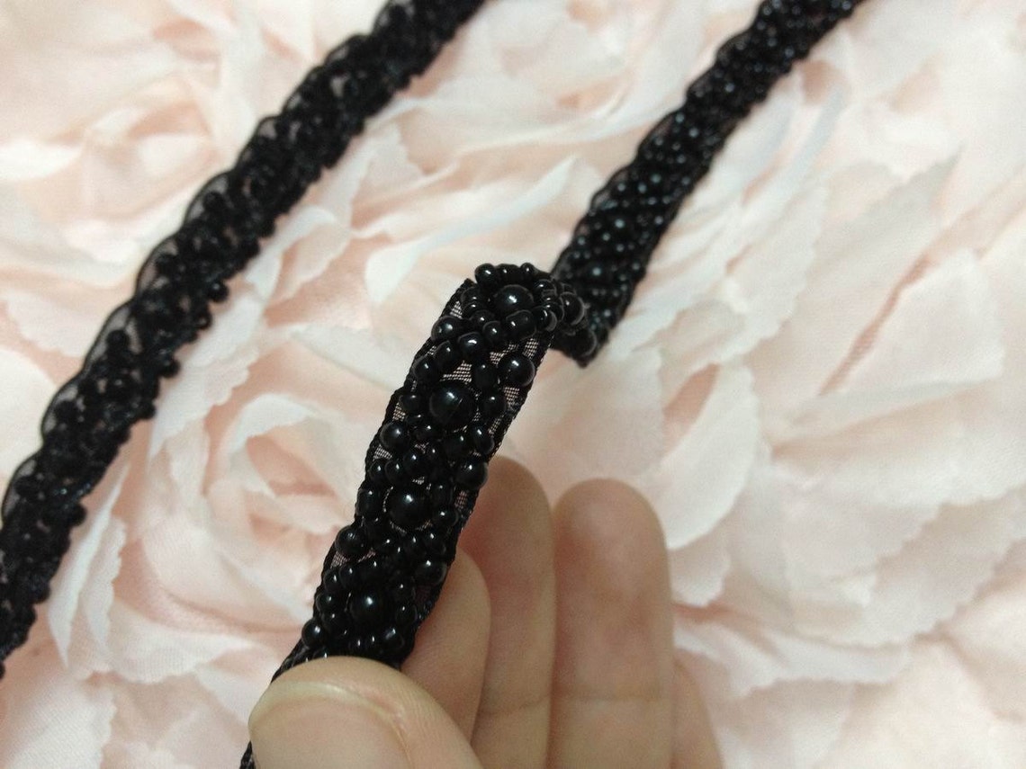Black Beaded Lace Trim Black Pearl and Ribbon Trim for - Etsy
