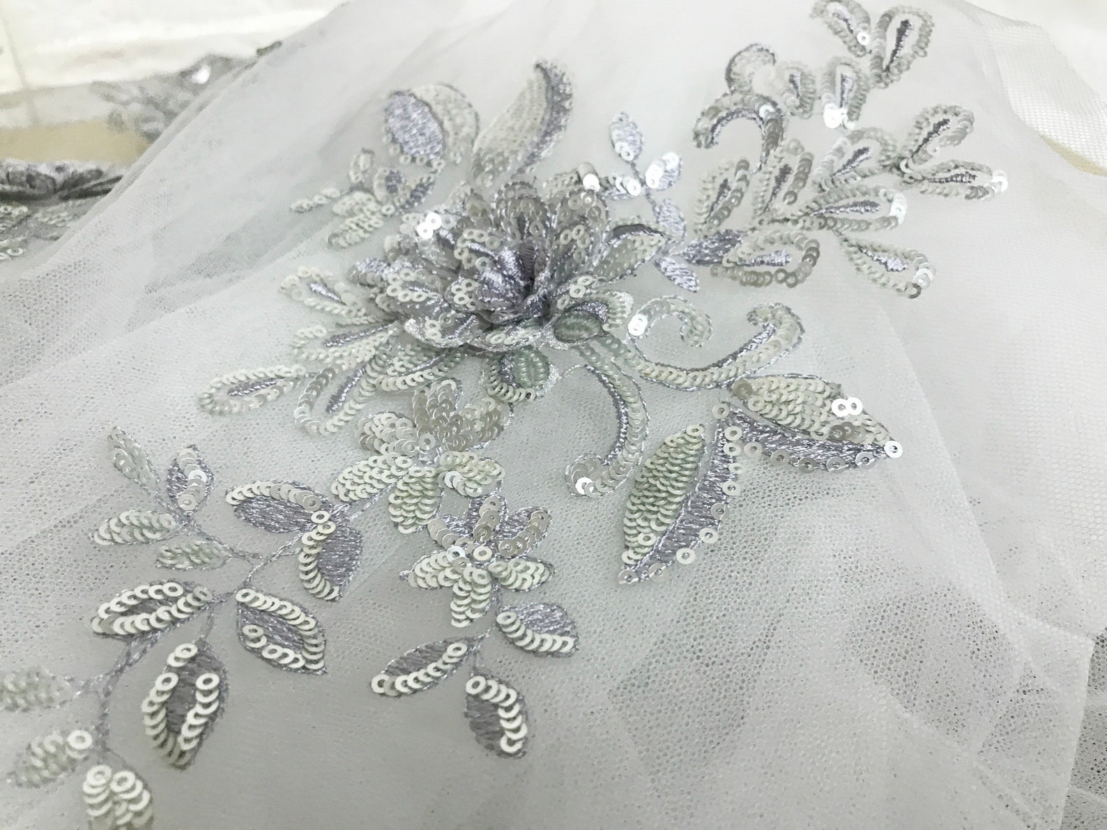 Wedding Lace Applique, Silver Gray Lace Applique With Silver Sequins ...