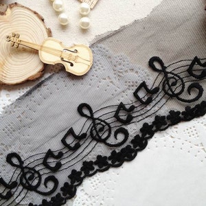 Tulle trim Black musical notes lace Embroidered Lace Fabric | Etsy