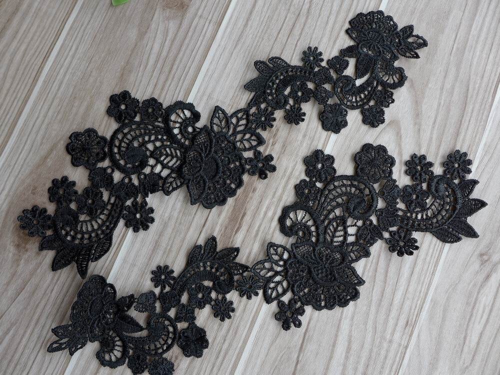 ONE PAIR Black Venise Lace Applique, Black Floral Applique, Wedding ...