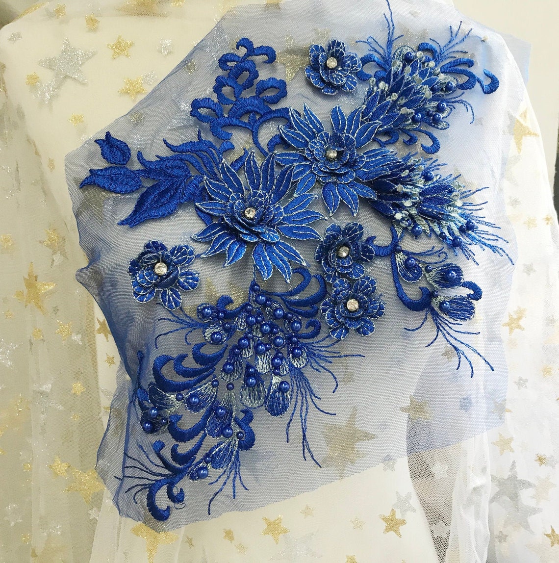 Royal Blue 3d Beaded Flower Lace Applique Pearls Embroidered Etsy