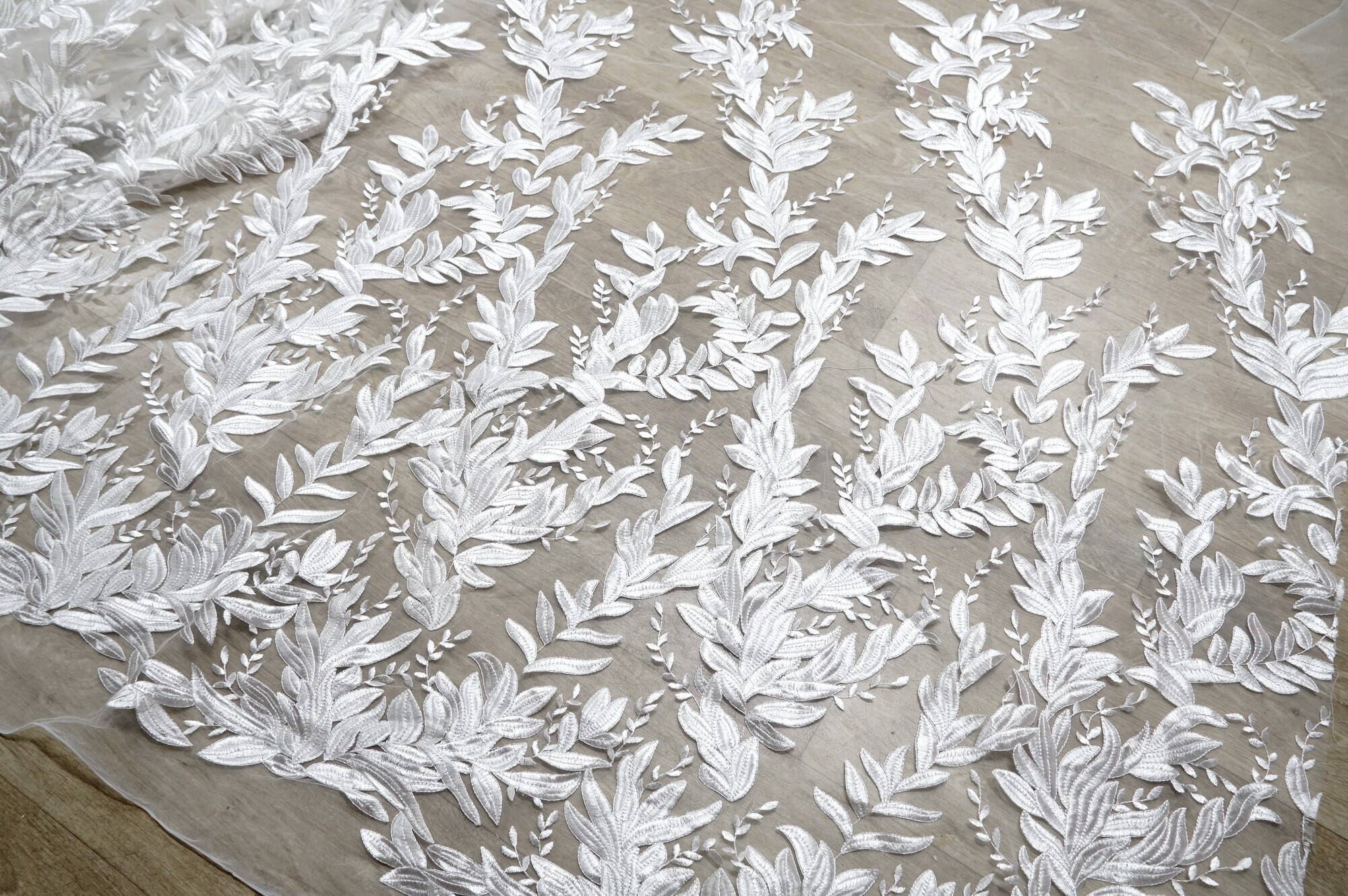 Off White Large Leaf Embroidery Lace Netting Fabric for | Etsy