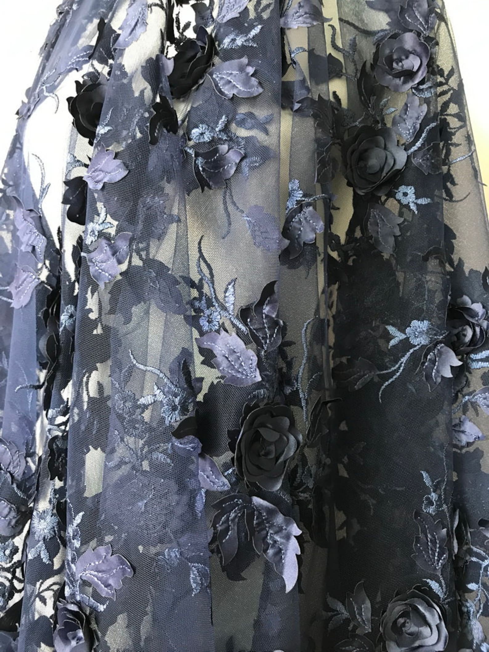 3D Rose Flower Fabric, Navy Blue Lace Fabric, Floral Leaf Lace Fabric ...