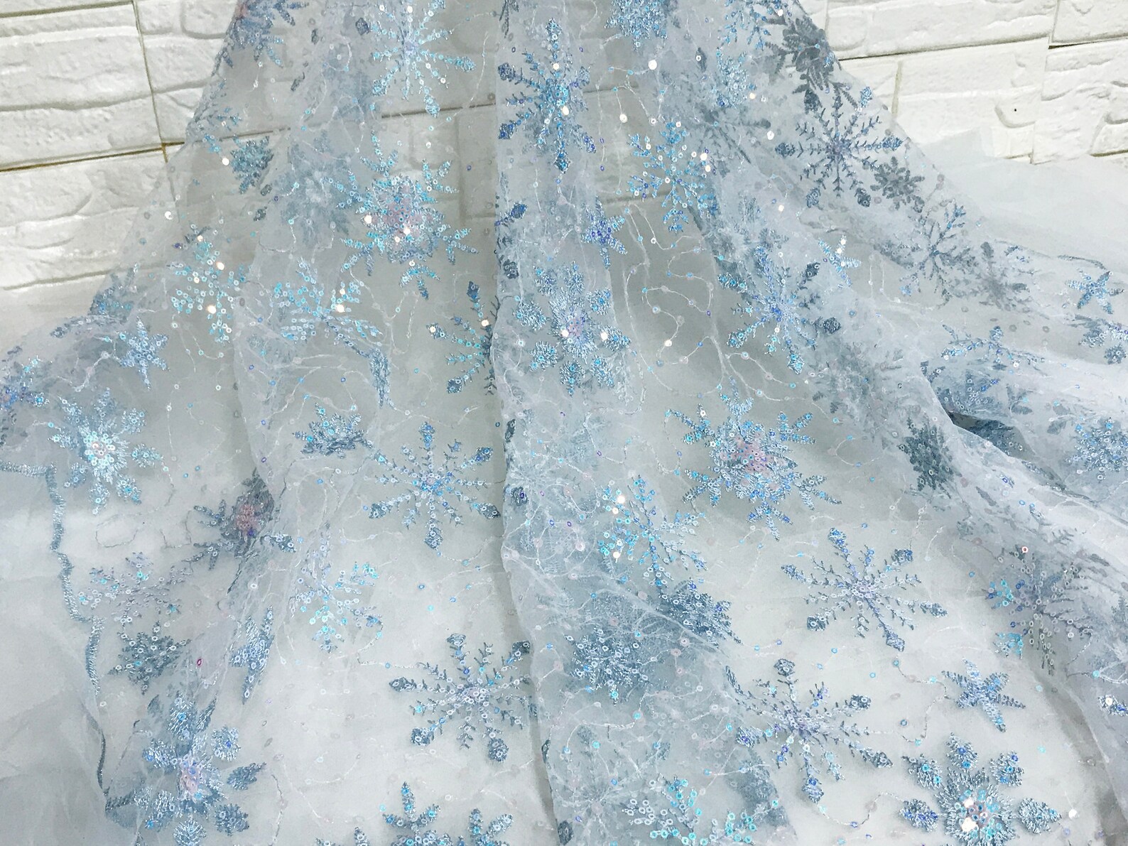 Light Blue Snowflake Fabric Colorful Sequins Embroidery Mesh Fabric for ...