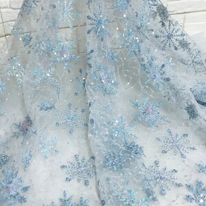Light Blue Snowflake Fabric Colorful Sequins Embroidery Mesh Fabric for ...