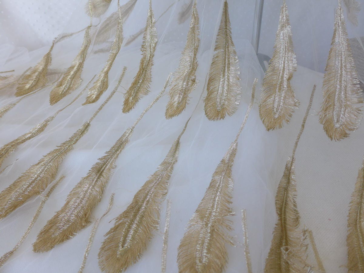 Gold Feather Wedding Gown Lace Fabric Embroidered lace Yellow | Etsy