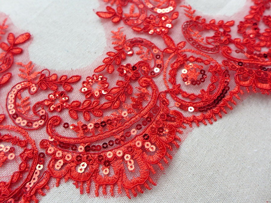Red Lace Alencon Embroidery Sequins Lace Trim for Bridal | Etsy