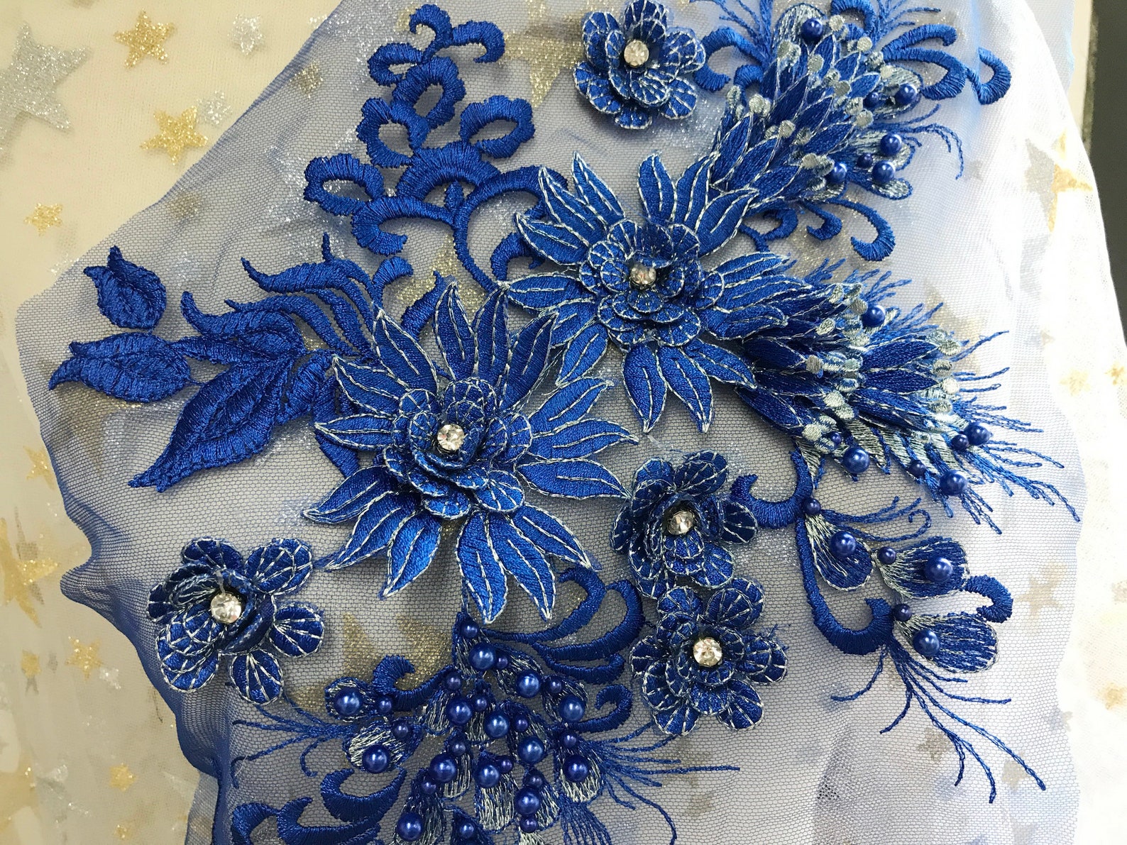 Royal Blue 3d Beaded Flower Lace Applique Pearls Embroidered Etsy