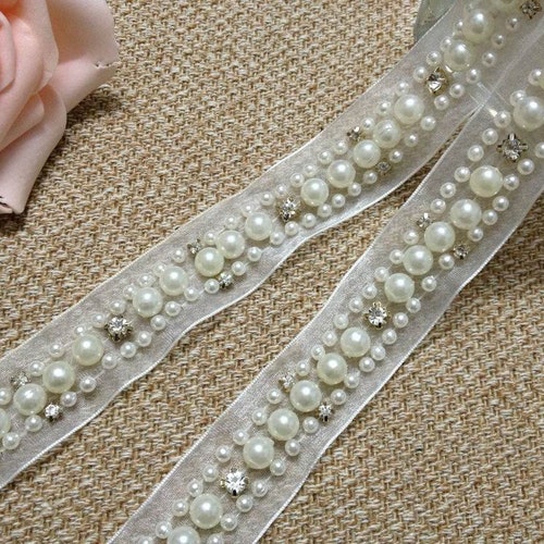Pearl Beaded Trim Rhinestone Trim Ribbon Lace Trim for - Etsy