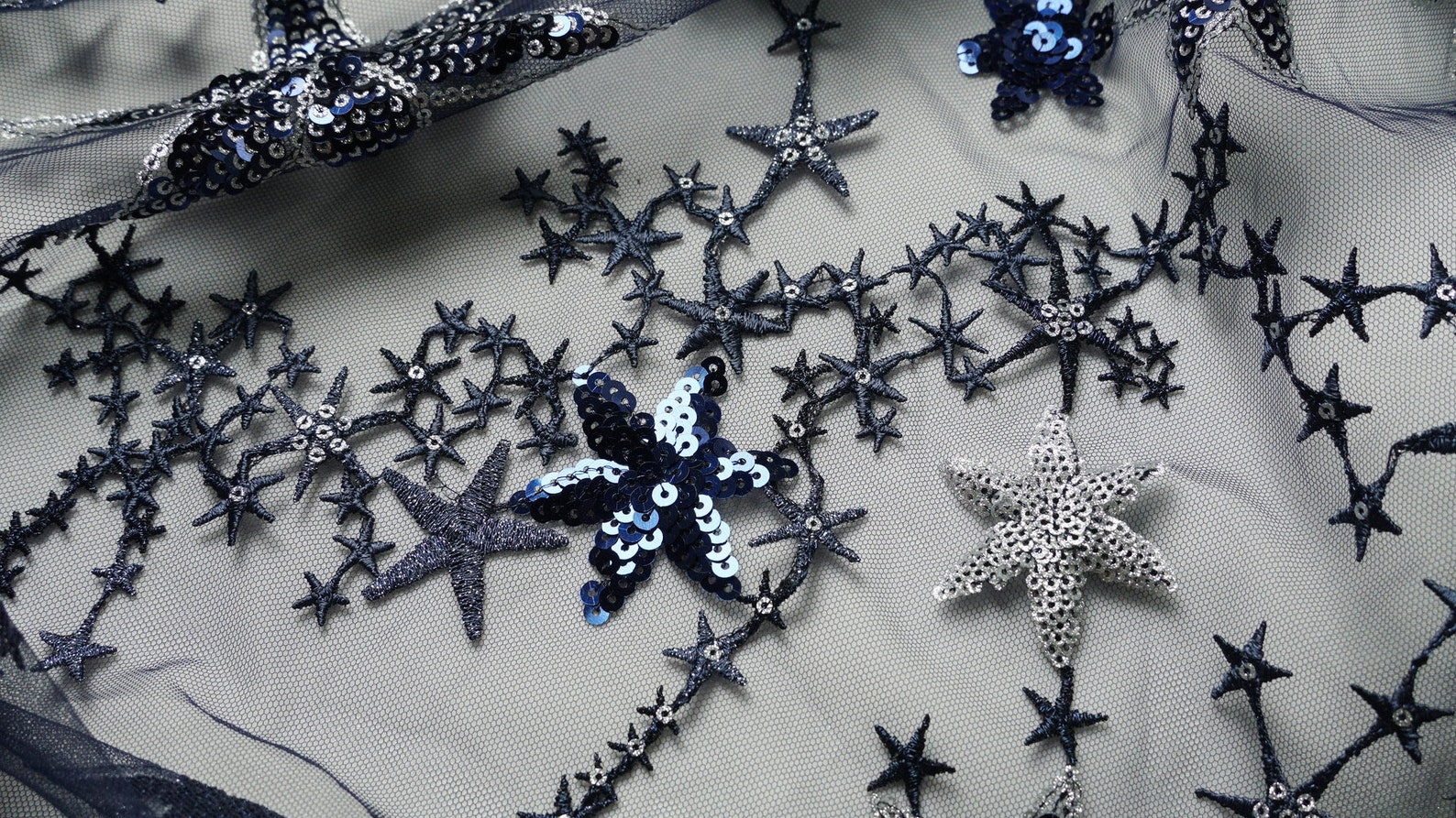 Navy Lace Sparkling Sequins Embroidery Navy Blue Star Lace - Etsy
