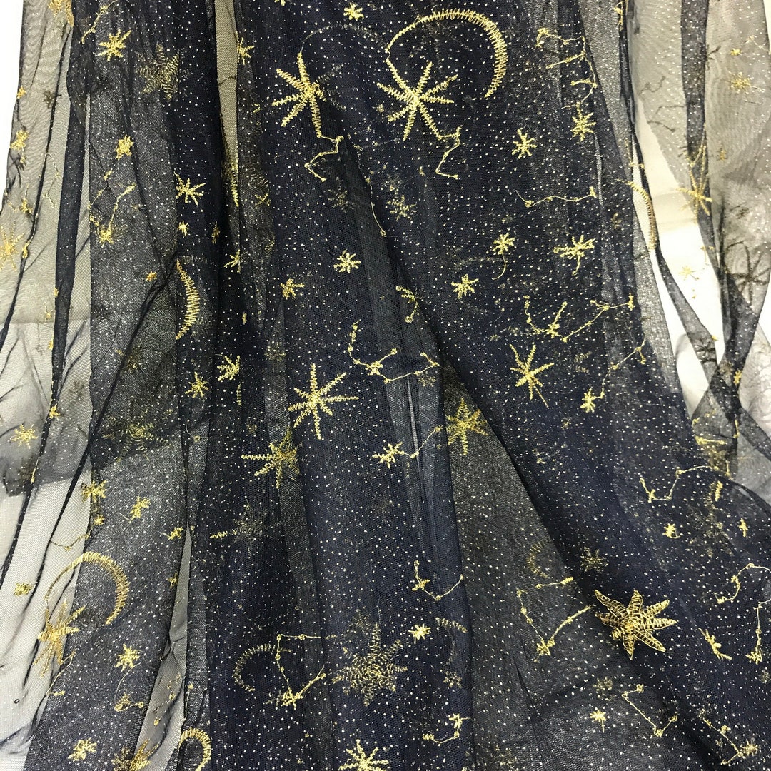 Gold Moon Stars Pattern Mesh Netting Fabric, Navy / Gray Mesh Fabric ...