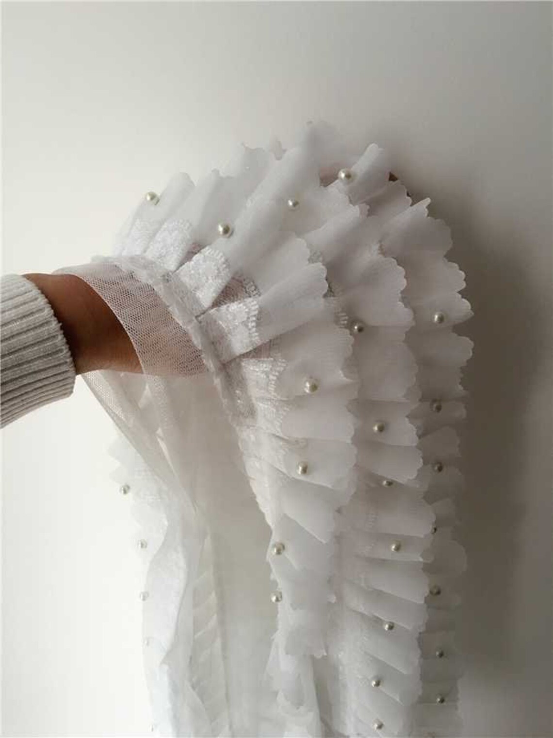 1 Yard Beaded Ruffled Chiffon Lace Trim, 3 Layers Ivory Bead Pearl ...