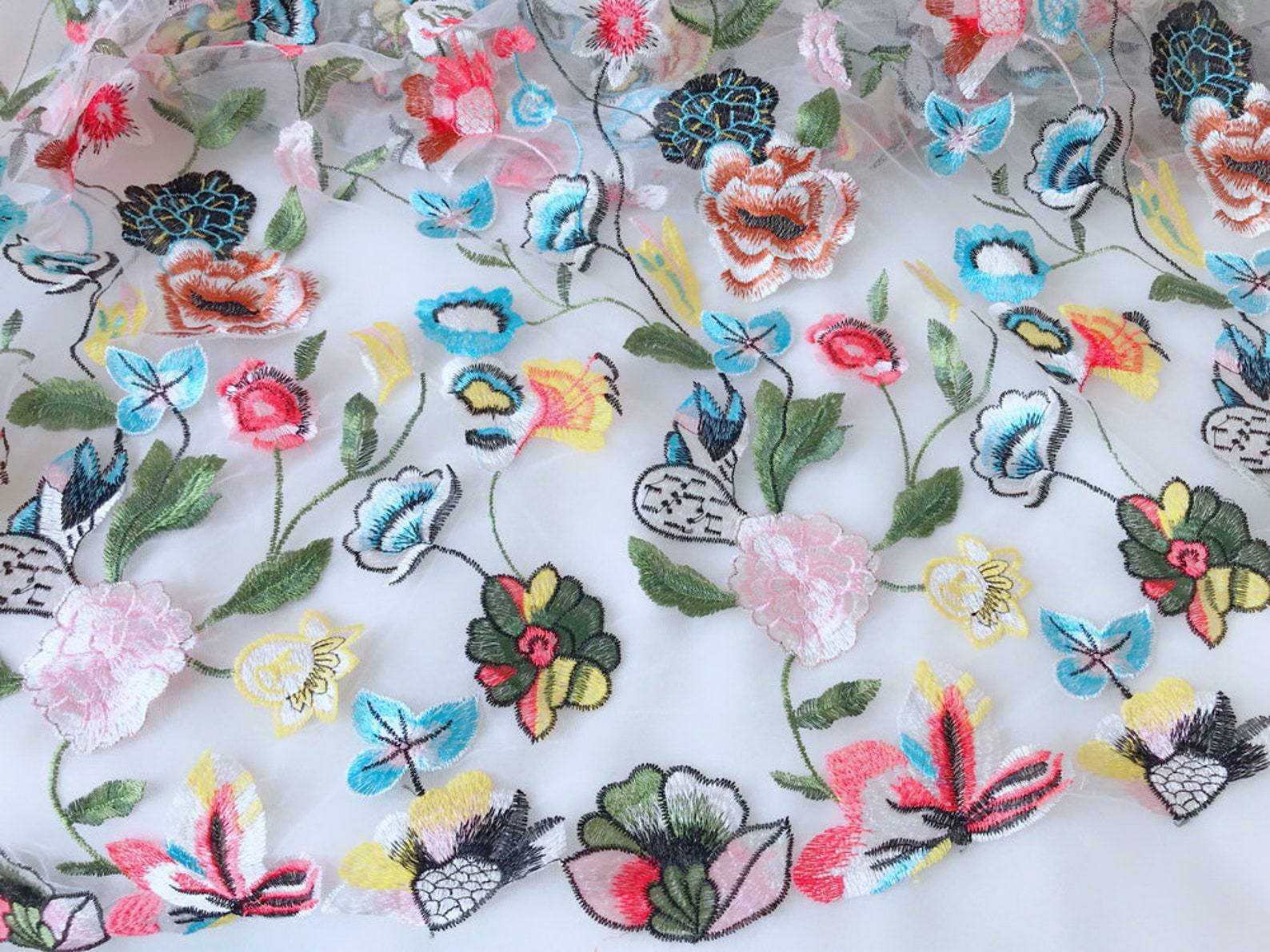 Multi-color Floral Flowers Embroidered Tulle Lace Fabric for | Etsy