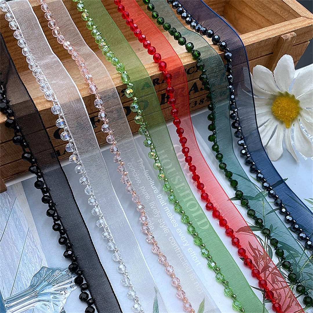 0.47" Wide Ribbon Lace With Crystal Beads for Wedding Gown, Headbands ...