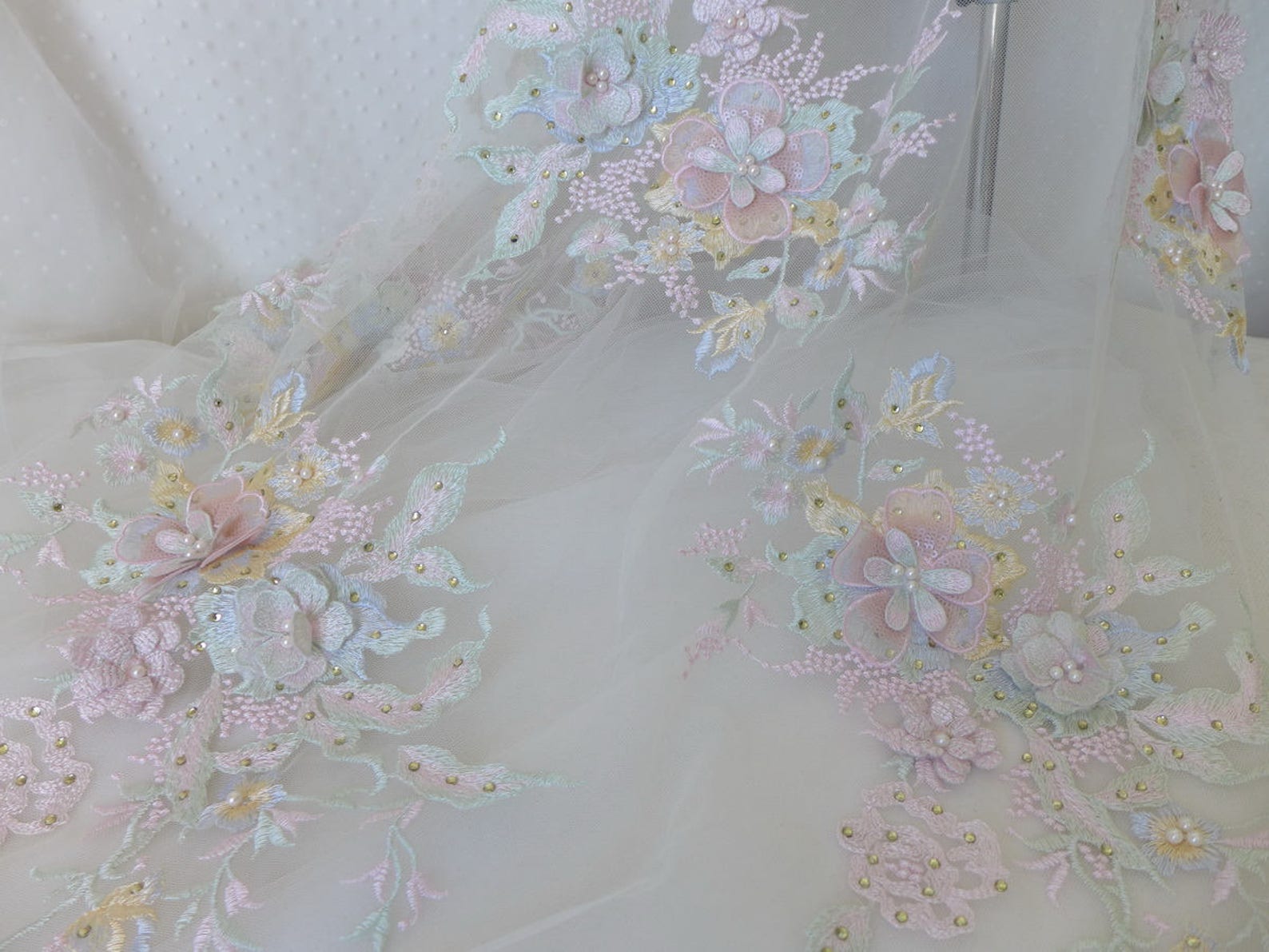 Beaded lace Pastel embroidery sequined fabric off white | Etsy