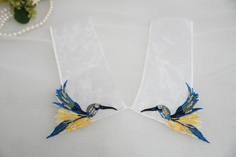 Off White Organza Lace Collar, Colorful Beaded Bird Pattern Collar ...