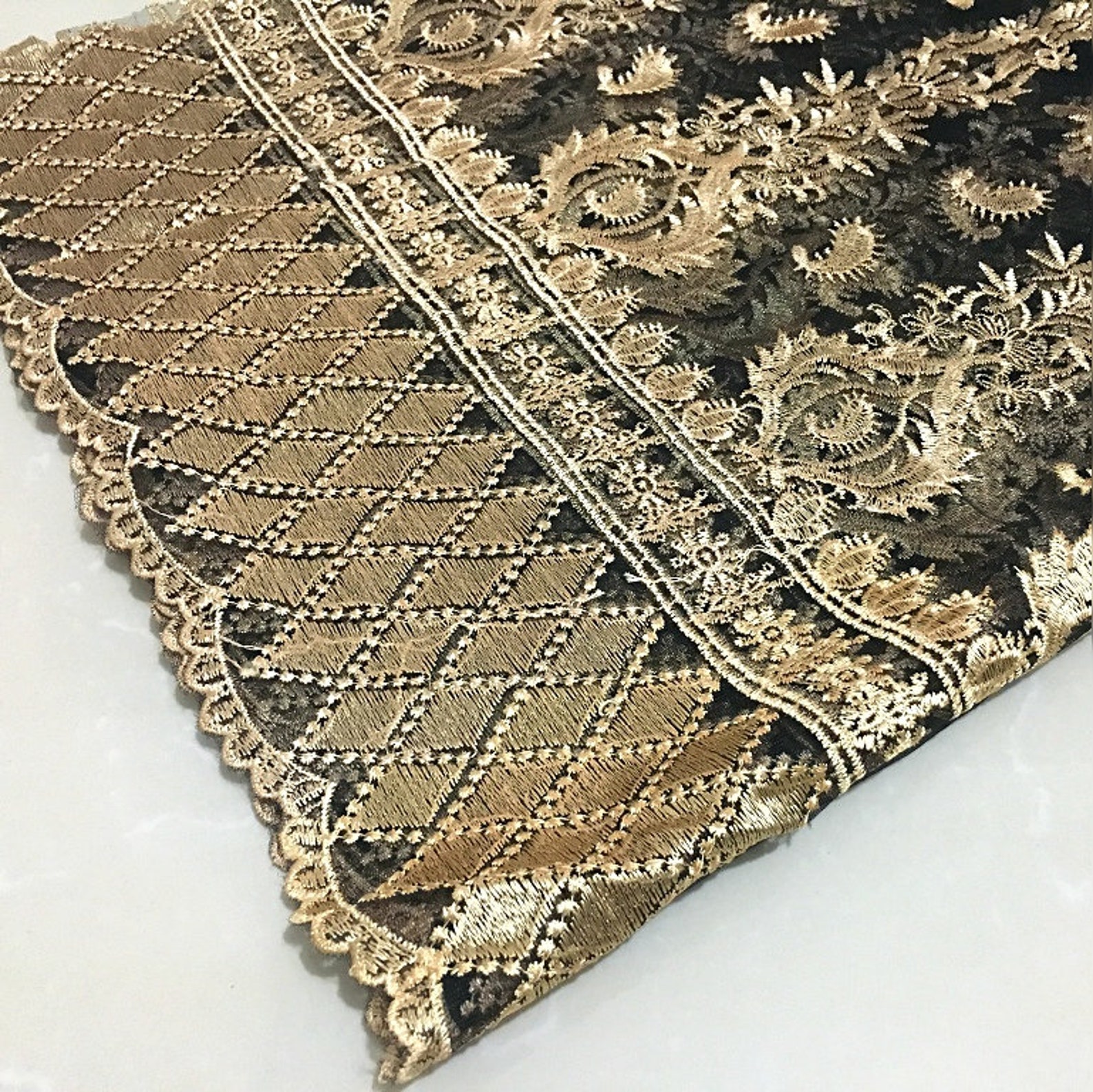 Gold Lace Fabric Embroidery Floral Lace Golden Lace Black Mesh 59 ...