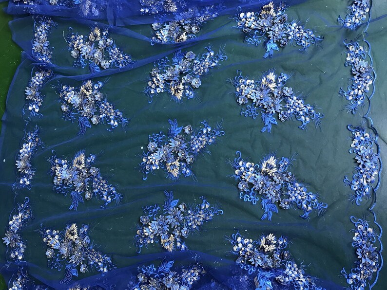 Royal Blue 3d Beaded Flower Lace Applique Pearls Embroidered Etsy