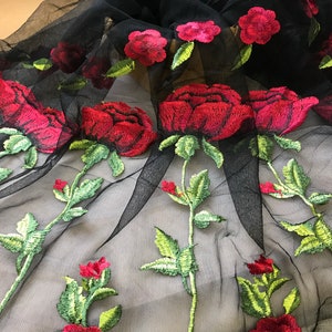 Beautiful Red Rose Flowers Lace Fabric Soft Black Tulle Fabric for ...