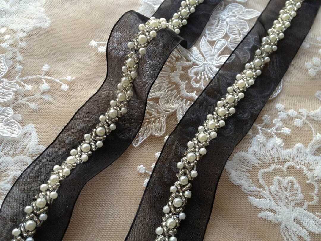 1yrd Bridal Pearl Trim, Silver Beaded Trim, Ribbon Lace Trim, Wedding ...