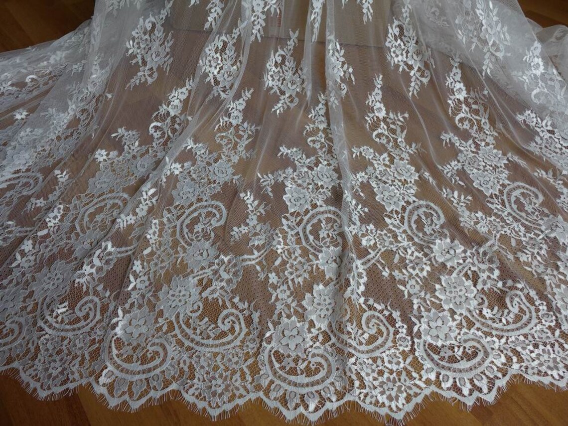 Ivory French Chantilly Lace Fabric Graceful Floral Wedding - Etsy