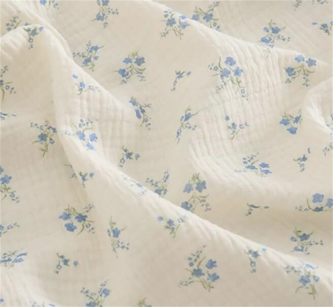 Blue Floral Cotton Fabric, Double Layer Crepe Floral Printed Fabric ...
