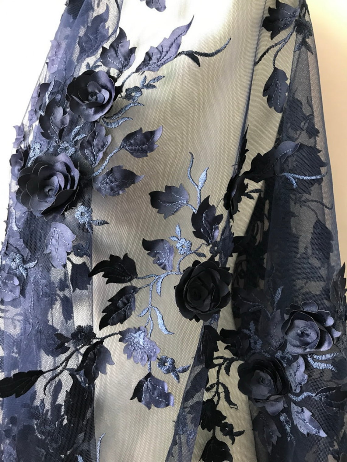 3D Rose Flower Fabric Navy Blue Lace Fabric Floral Leaf Lace | Etsy