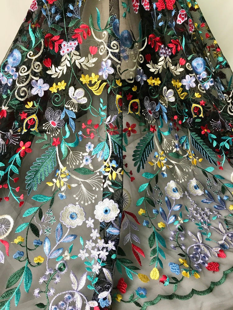 Multicolor Lace Fabric Black Mesh Lace Vivid Floral Leaf | Etsy