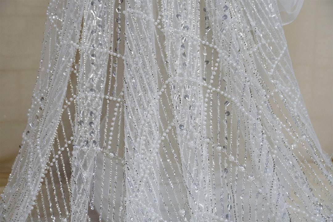 Elegant Pearls Beaded Scalloped Fabric Sheer Tulle Lace Fabric for ...