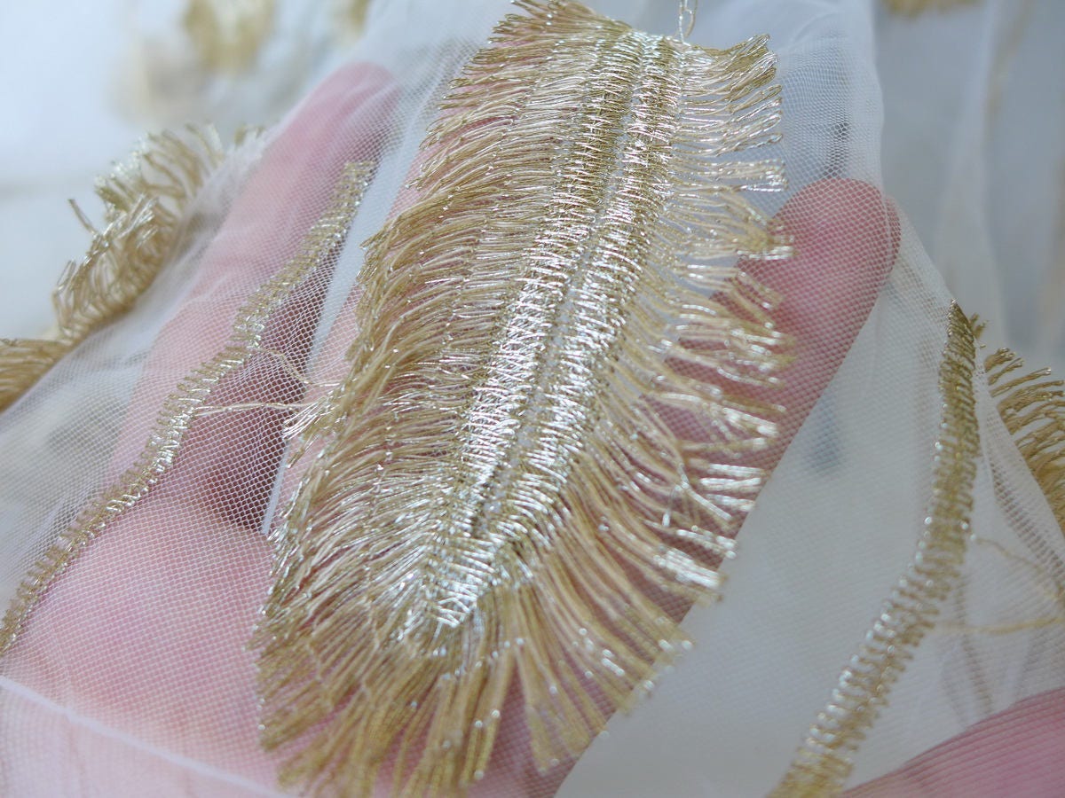 Gold Feather Wedding Gown Lace Fabric Embroidered lace Yellow | Etsy