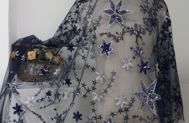 Navy Lace Sparkling Sequins Embroidery Navy Blue Star Lace | Etsy