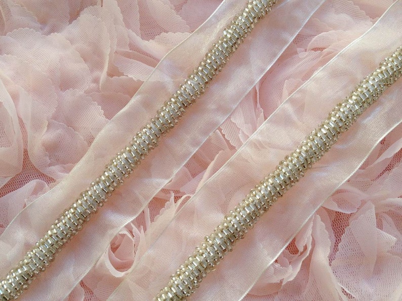 Beaded Trim Silver Pearl and Braided Rope on White Ribbon - Etsy