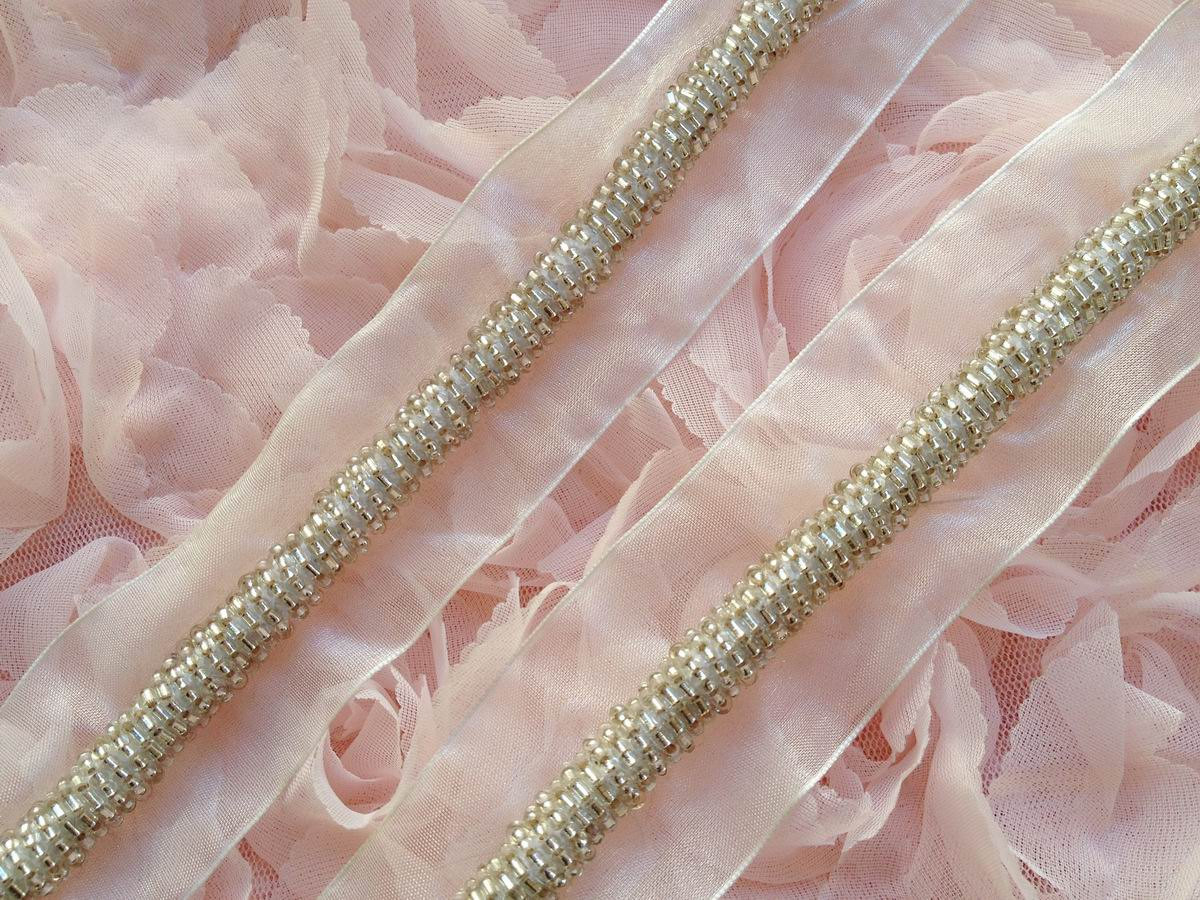 Beaded Trim Silver Pearl and Braided Rope on White Ribbon - Etsy