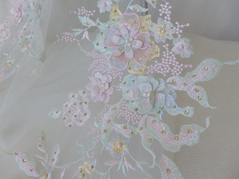 Beaded lace Pastel embroidery sequined fabric off white | Etsy