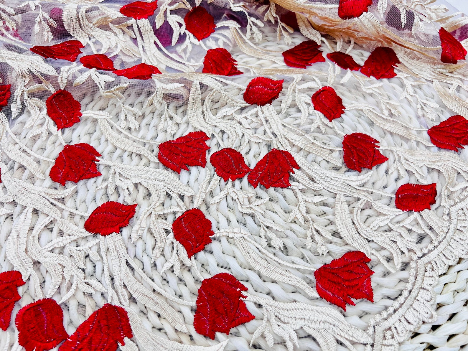 Rose Fabric Red Rose Flower With Light Gold Leaves Embroidery - Etsy