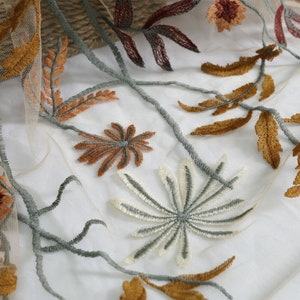Soft Light Brown Tulle Leaf Floral Embroidered Lace Fabric for Boho ...
