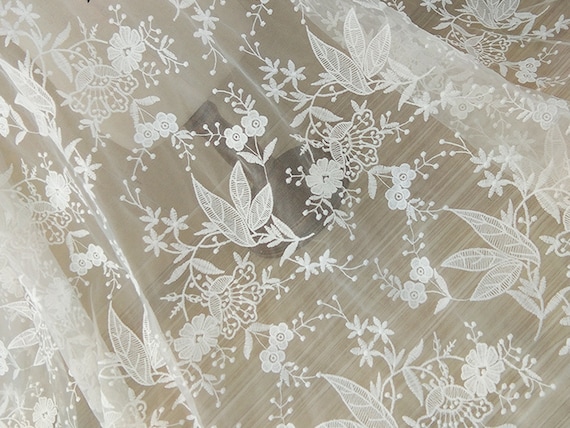 Off White Floral Leaves Embroidered Mesh Lace Fabric for - Etsy
