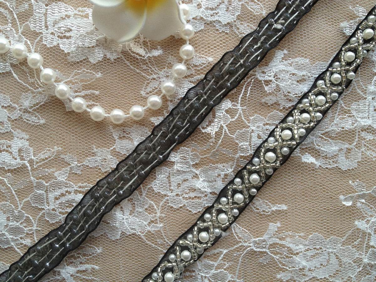 Beaded Ribbon Trim Ivory Pearl and Silver Beads Lace Trim on - Etsy