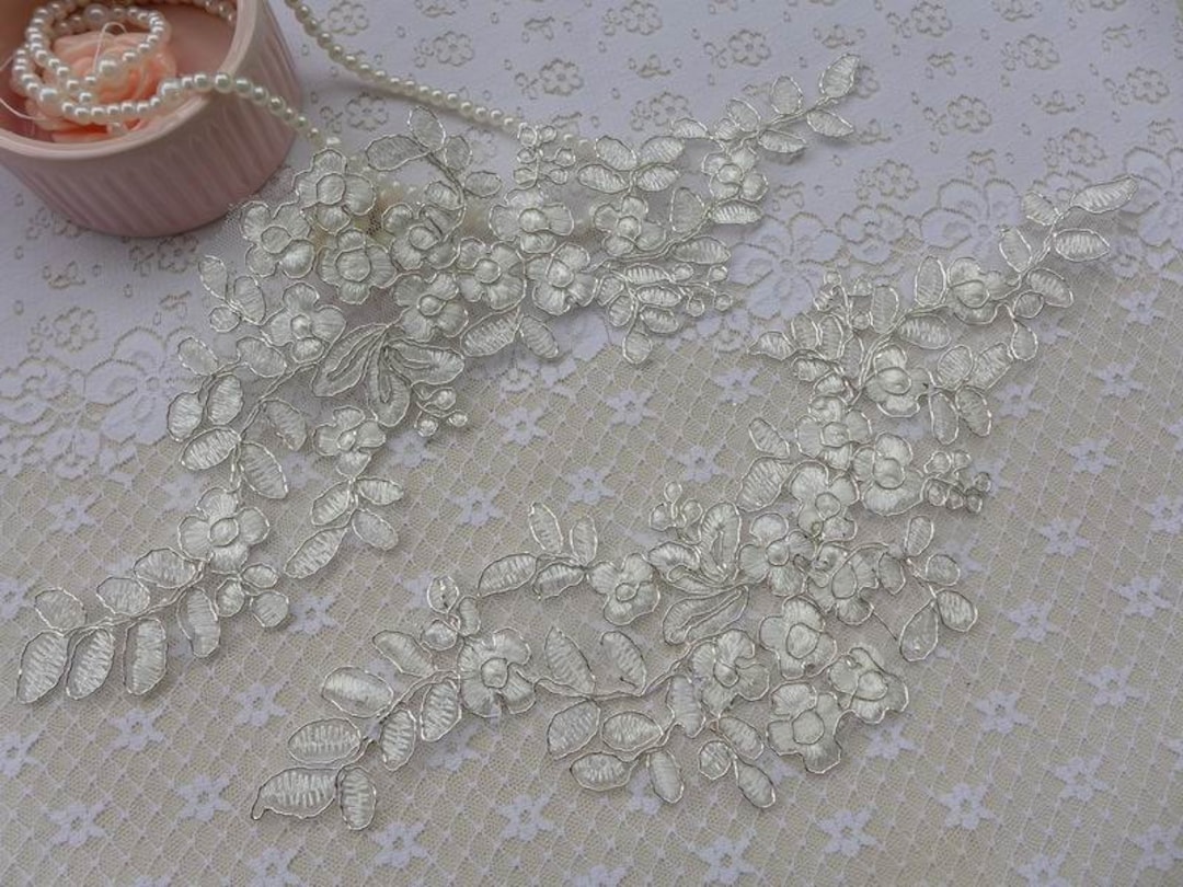 Bridal Silver Embroidered Lace Applique Pair in Ivory for Wedding Gown ...