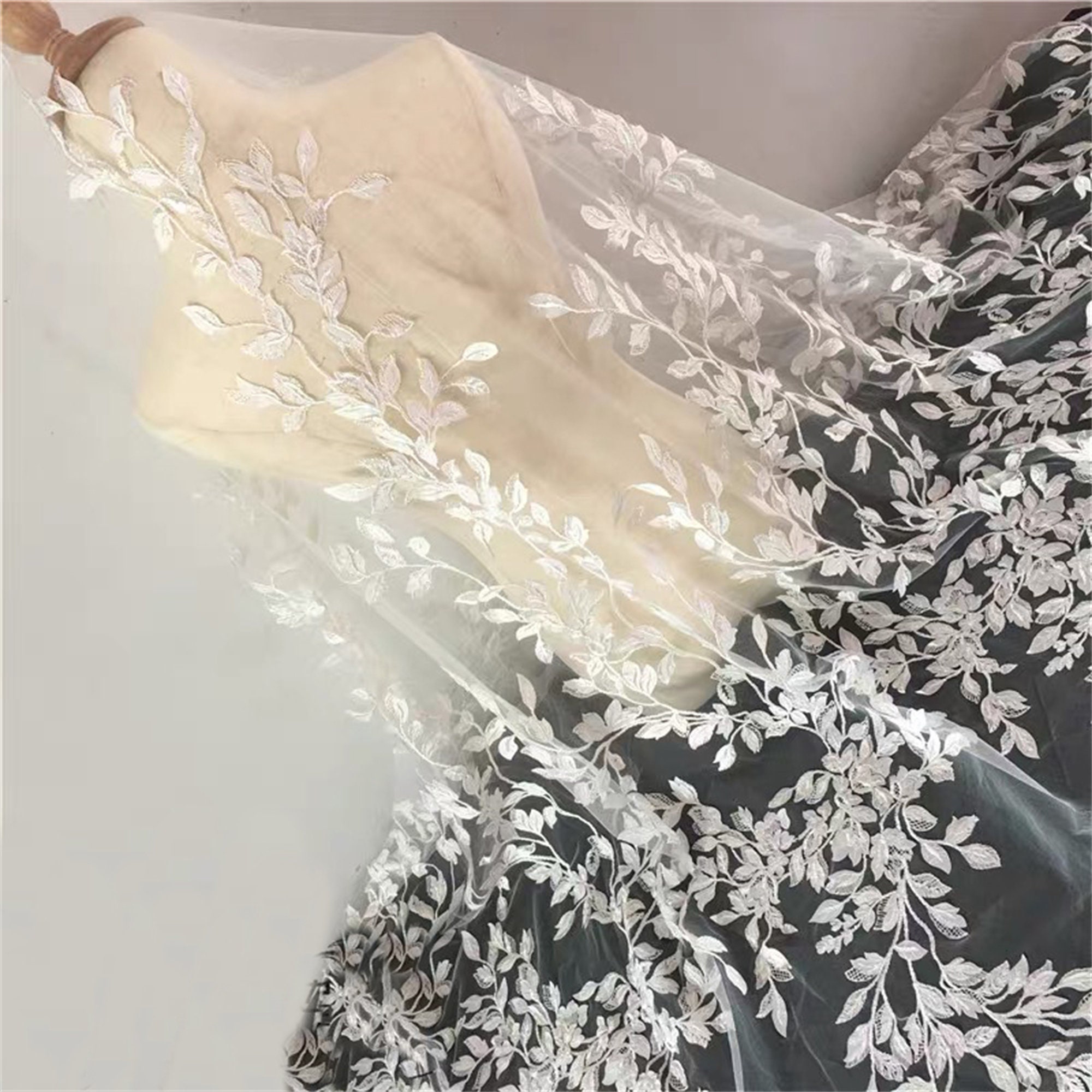 Off White 3D Floral Leaf Design, Fancy Embroidered Leaves Tulle Mesh ...