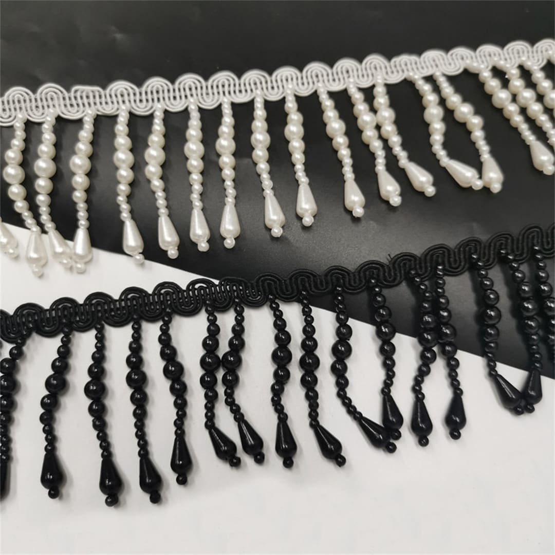 Teardrop Pearls Beaded Tassel Trim Dangling Fringe Beaded Trim in Cream ...
